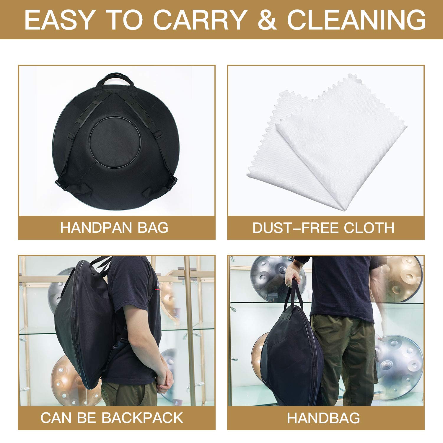 AS TEMAN HANDPAN, Handpan drum instrument in D Minor 9 Notes 440HZ 22 inches Steel Hand Drum with Soft Hand Pan Bag, 2 handpan mallet,Handpan Stand,dust-free cloth,gold