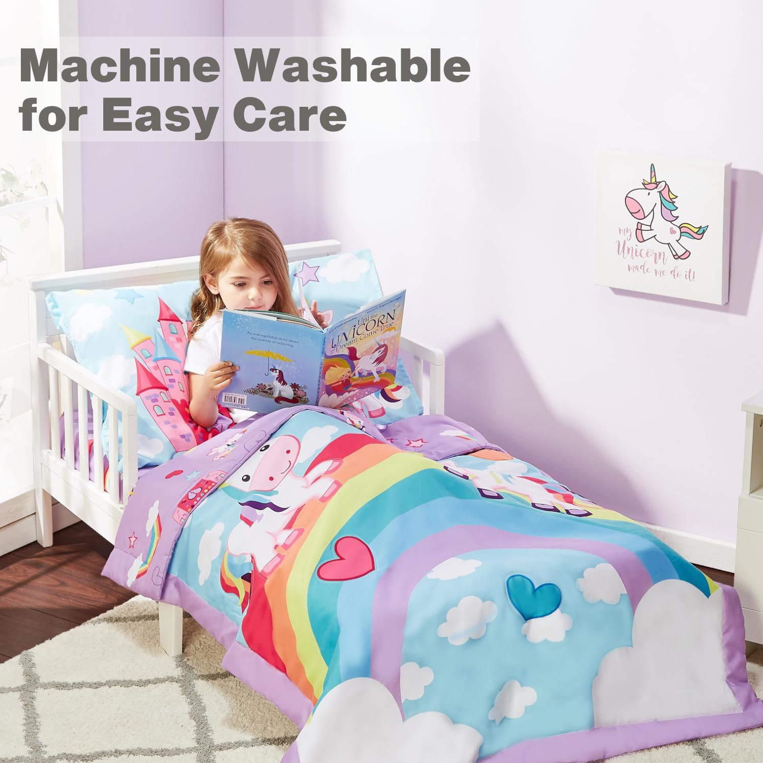 EVERYDAY KIDS 4 Piece Toddler Bedding Set - Unicorn Dreams - Includes Comforter, Flat Sheet, Fitted Sheet and Reversible Pillowcase