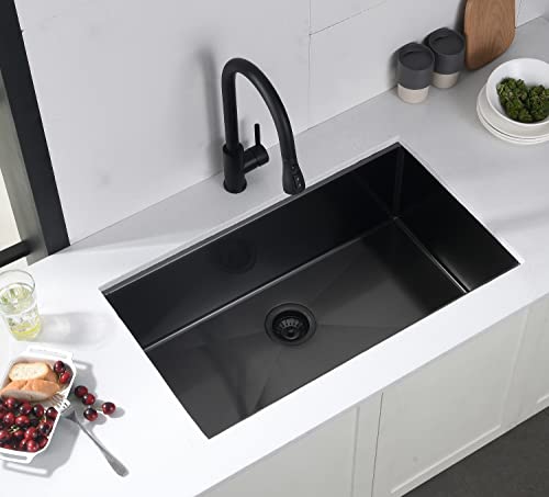 33 Black Undermount Kitchen Sink, 33x19x10 Inch 16 Gauge Black Stainless Steel Single Bowl Workstation Kitchen Sinks With Accessories BL34