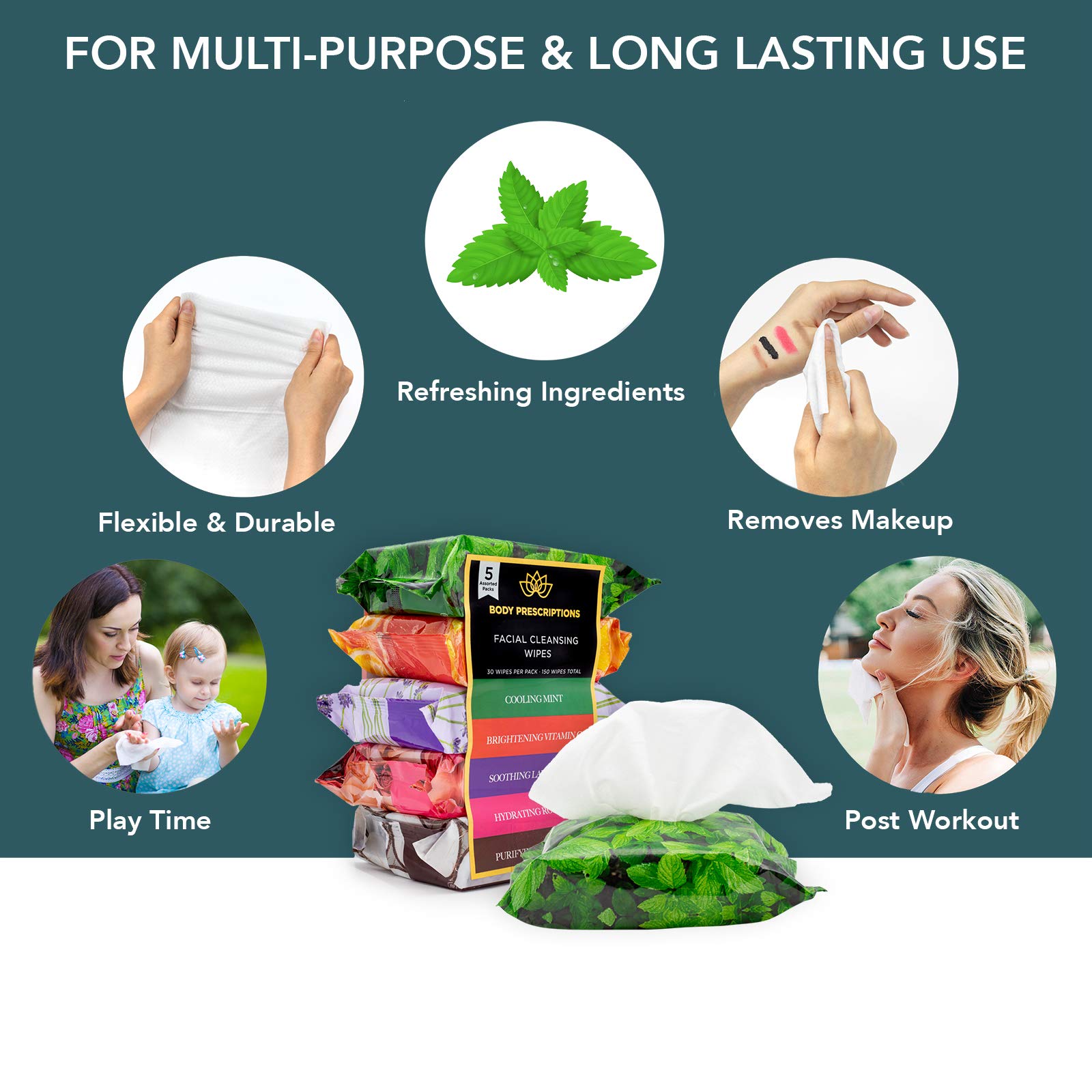 Body Prescriptions Makeup Remover Wipes - Bulk Pack, Gentle Cleansing Wipes for Easy Makeup Removal, Mint, Rosehip, Vitamin C, Lavender & Coconut