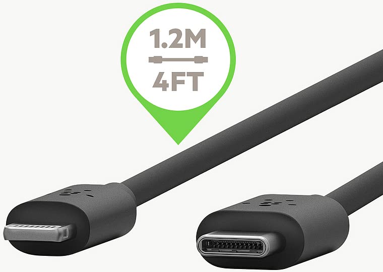 Belkin USB-C to Lightning Cable (4ft Fast Charging iPhone USB-C Cable for iPhone 11, 11 Pro, 11 Pro Max, XS, XS Max, XR, X, MacBook, iPad and more, Apple MFi-Certified), Black (F8J239bt04-BLK)