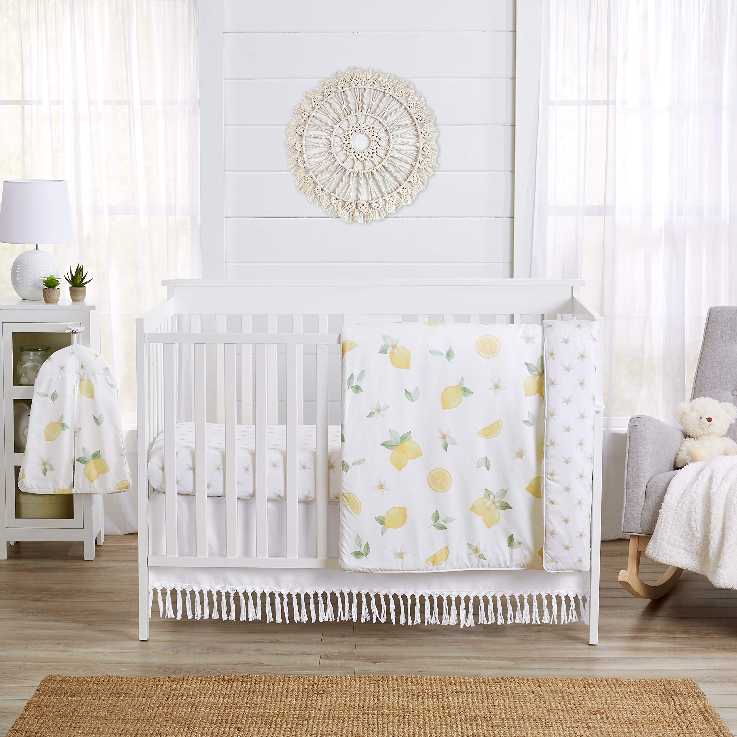 Sweet Jojo Designs Lemon Floral Baby Girl Nursery Crib Bedding Set - 4 pieces - Yellow Green Beige White Watercolor Boho Bohemian Farmhouse Fruit Flower Blossom Botanical Leaf Tassle