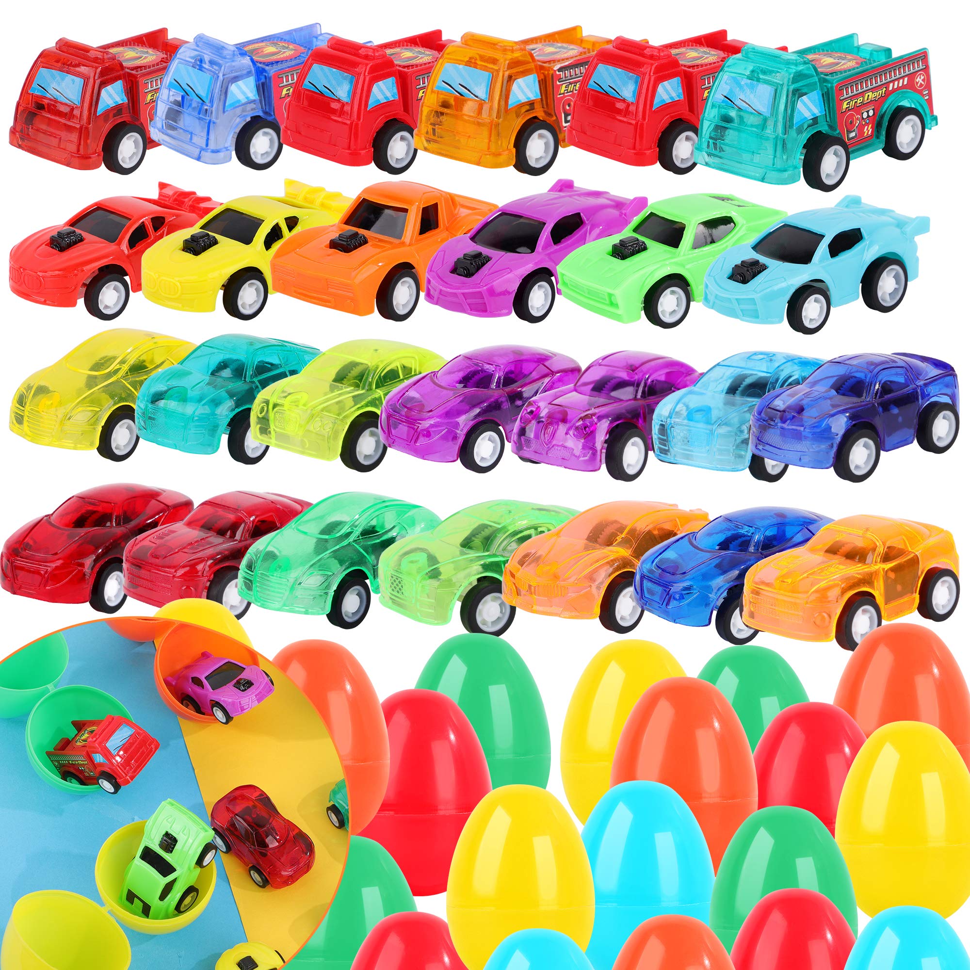 26 Packs Easter Eggs with 26 Assorted Pull Back Race Cars and Fire Engine Trucks for Kids Easter Egg Hunt Games or Easter Basket Stuffers