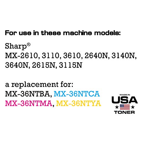 MADE IN USA TONER Cartridge Replacement for Sharp MX36NT, MX-2610N MX-2615N MX-3110N MX-3115N MX-3610N (Black, Cyan, Magenta, Yellow, 4-Pack)