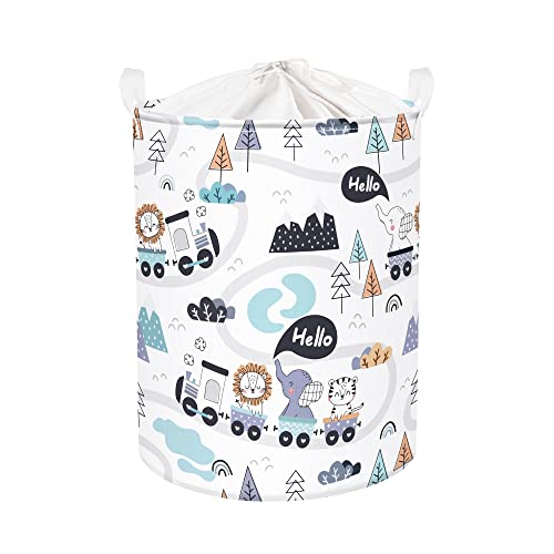 Clastyle 45L Urban Traveling Animals Elephant Nursery Laundry Basket Lion Tiger Train Round Toy Clothes Storage Basket for Kindergarten, 14.2x17.7 in