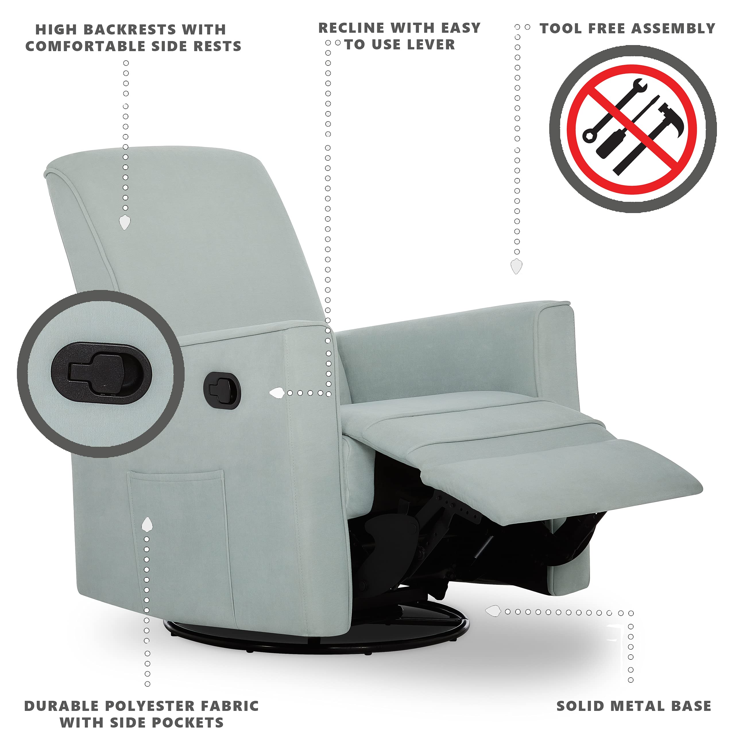 Evolur Raleigh Upholstered Plush Seating Glider Swivel, Rocker, Recliner, Glider for Nursery in Light Blue, Greenguard Gold Certified, Modern Nursery Recliner, Environmentally Conscious Glider