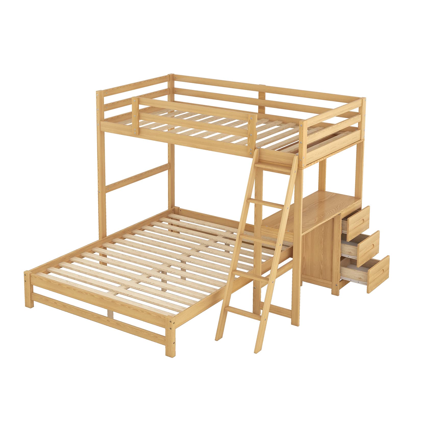 Bellemave Twin Over Full Bunk Bed with Desk and Storage Drawers Wood Convertible Loft Beds Can Be Separated into 2 Kids Bunked Frame for Girls Boys Teens, Natural