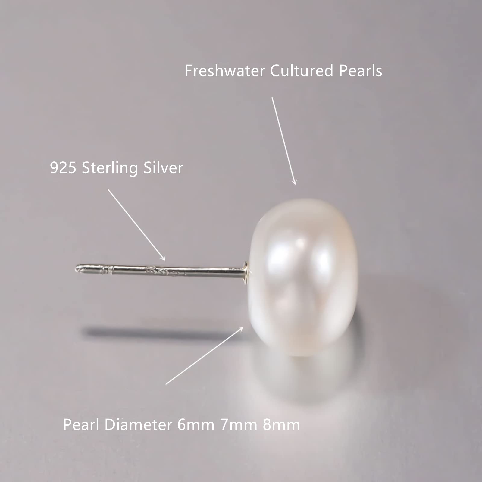 3 Pairs Freshwater Cultured Pearl Stud Earrings for Women 6mm 7mm 8mm Sterling Silver