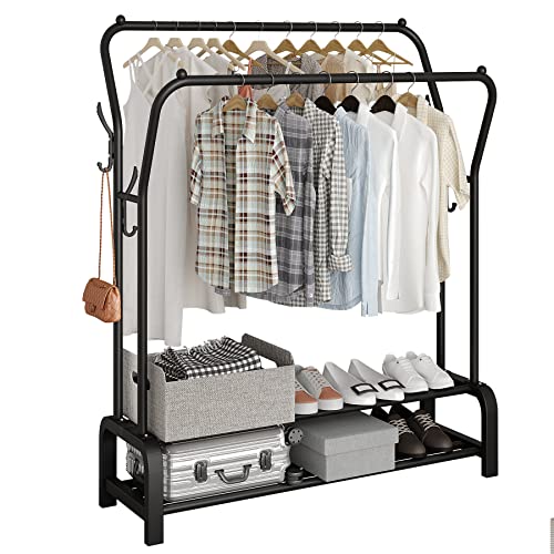 ACCSTORE Garment Rack Clothes Rack Freestanding Hanger Double Rails Bedroom Clothing Rack with 2-Tier Lower Storage Shelf,Black