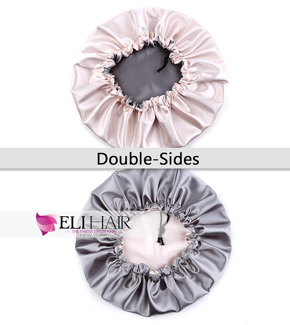 ELIHAIR Stain Bonnet Silky Sleep Cap Adjustable Satin Cap for Night Sleeping Hair Bonnet Reversible Double Layer Champagne/Grey