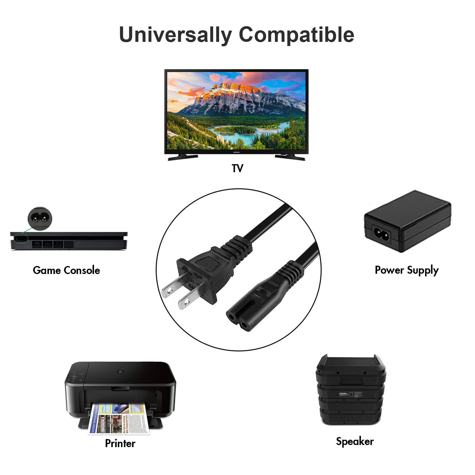 2 Prong AC Power Cord Compatible with PS4 / PS4 Slim / PS5 / PS3 Slim / PS3 Super Slim, Xbox One S/X, Xbox Series X/S, Game Console TV Speaker Printer Universal Power Cable Replacement 4 Feet