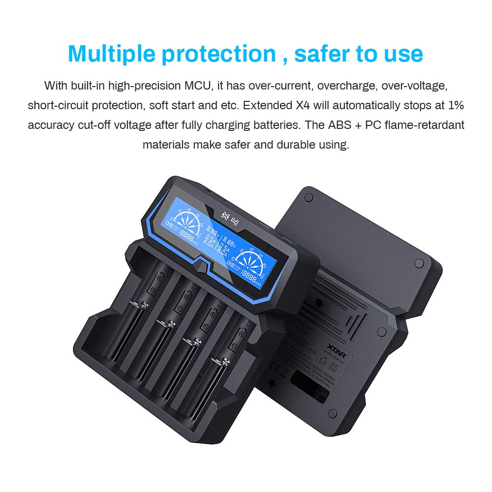 XTAR X4 Extended Version Protected 21700 20700 Battery Charger LCD Display AC Input Port 18650 Charger 2A Fast Charger with Mirco USB Output for Rechargeable 3.6V 3.7V Li-ion 1.2V Ni-MH Ni-CD Battery