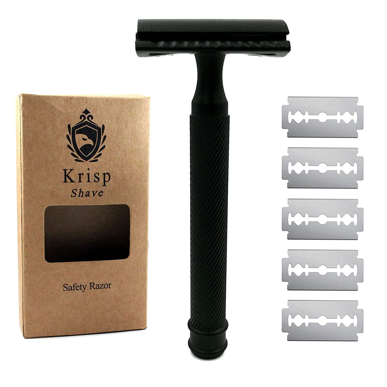Krisp Beauty Stainless Steel Long Handle Black Safety Razor for Men - Double Edge Razor - Fits All Double Edge Razor Blades - Comes With 5 Shaving Blades