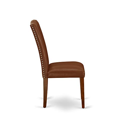 East West Furniture ANEN3-MAH-66 3Pc Rounded 36 Inch Dining Table And 2 Parson Chair With Mahogany Leg And Brown Flaux Leather, 3