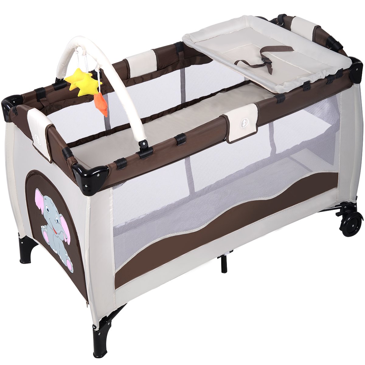 BABY JOY 3 in 1 Pack and Play, Portable Playard with Hanging Toys, 2 Lockable Wheels Diaper Changing Table, Foldable Travel Bassinet Bed (Coffee)