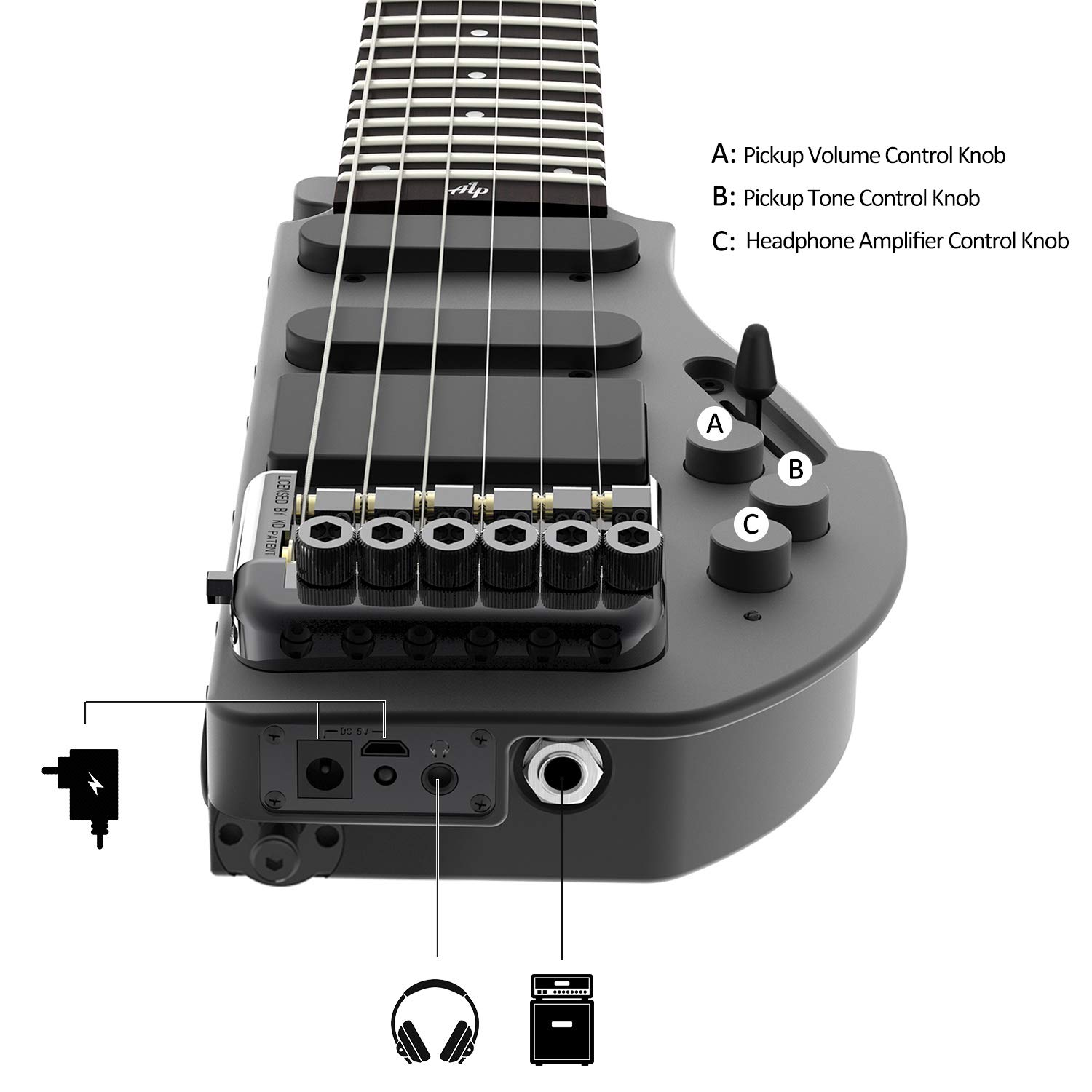 Asmuse Foldable Travel Headless Electric Guitar with Built In Headphone Jack Full-Scale Overhead Guitar ALP AD-80 Ultra-Light Portable and Rechargeable with USB Cable and Gig Bag