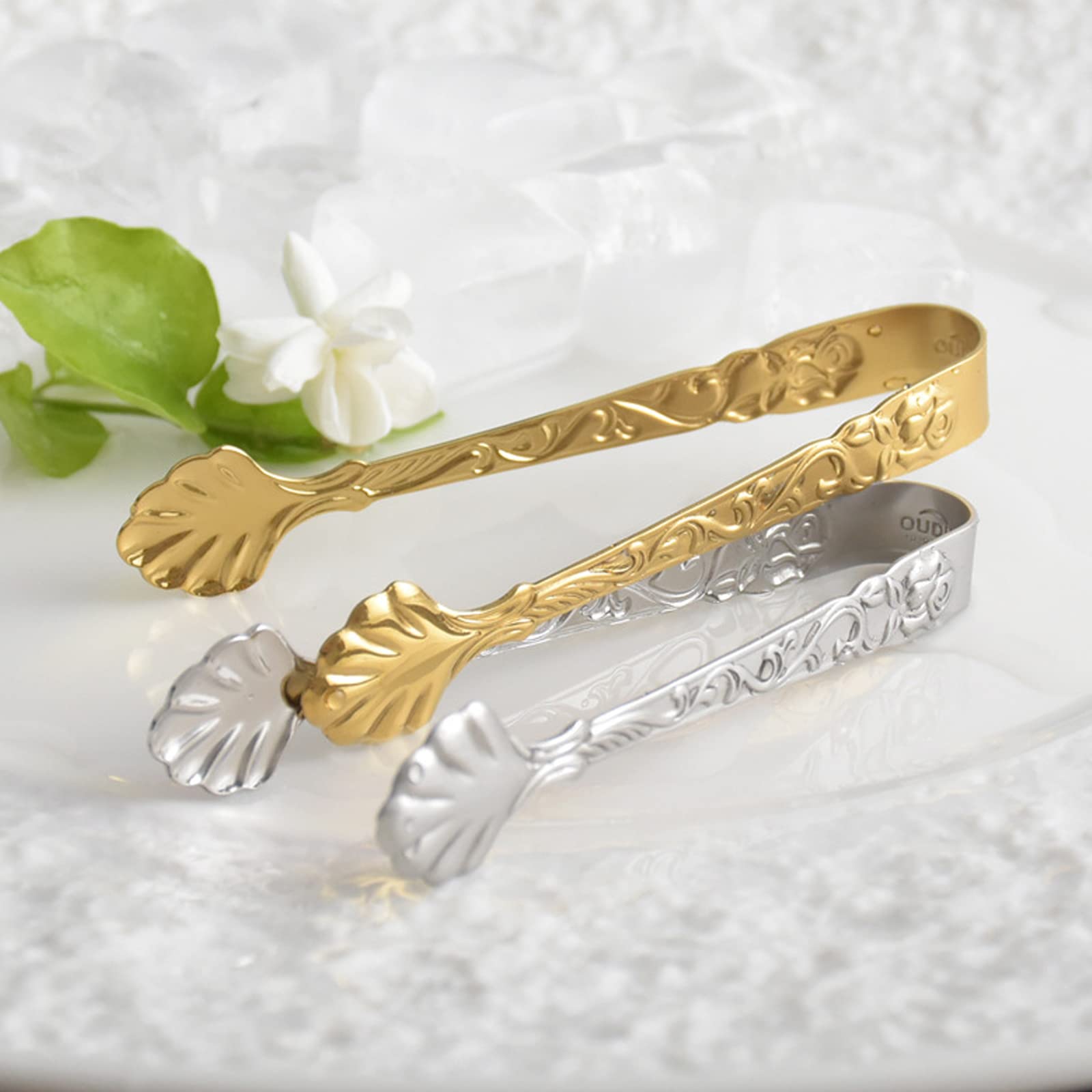 2Pack Rose Handle Sugar Tongs, Vintage Rose Relief Stainless Steel Ice Cube Clips Sugar Tongs Sliver and Gold Small Food Clips for Tea and Coffee Party, Appetizers Desserts Kitchen Barware
