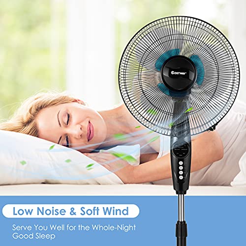 COSTWAY Pedestal Fan, 18-Inch Adjustable Height Fan, 3-Speed Digital Control, Timer, LCD Display, Double Blades, Remote Control, Quiet Oscillating Stand Fan for Home, Office, Bedroom