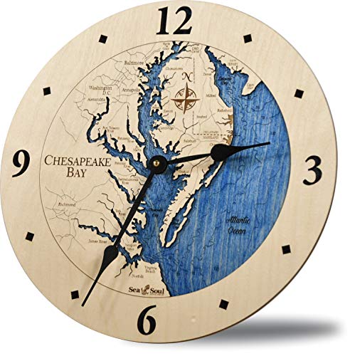 Sea & Soul Chesapeake Bay 3-D Nautical Wood Chart 12" Wall Clock, Handcrafted in The USA, Topographic Water Map Clock, Carved Lake Art Wall Clock, Coastal Décor (Deep Blue)