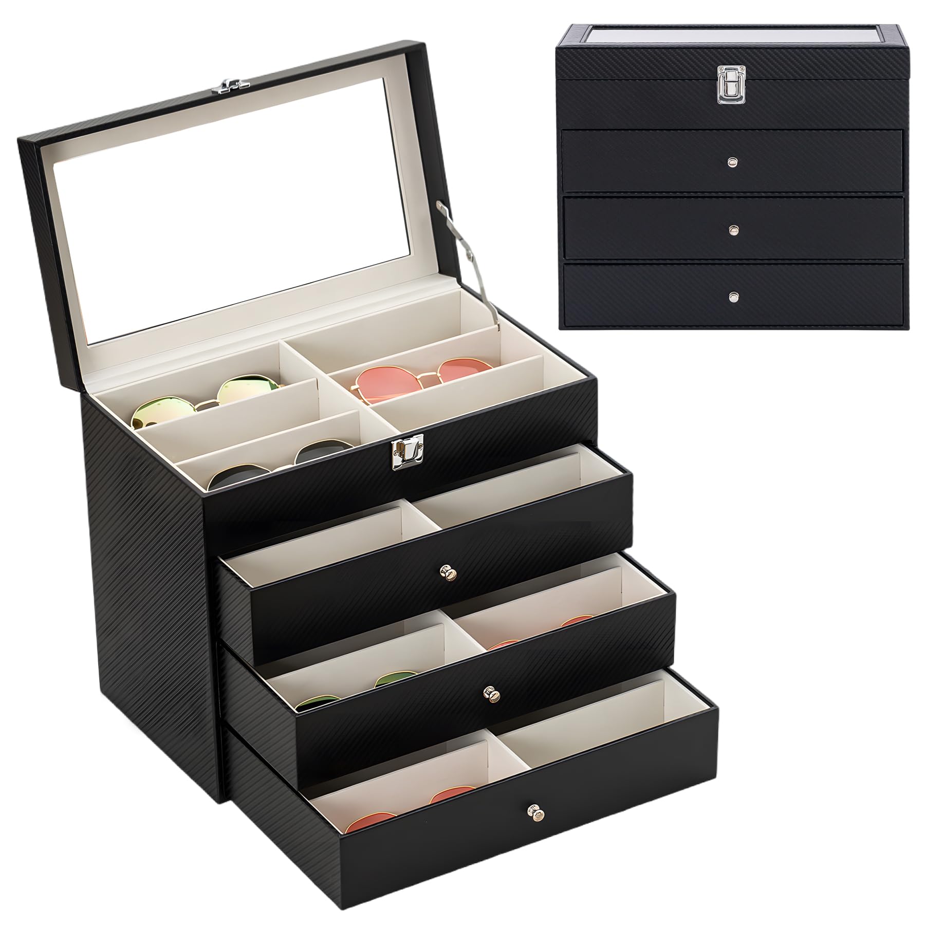 4 Tier Sunglasses Organizer,24 Slot Drawer Sunglass Organizer Leather Eyeglasses Display Organizer,Glasses Storage Box,Suitable for Sunglasses, Watches, Jewelry (Interior White)