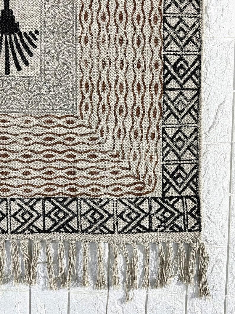 Hand Printed Block Print Rug Flatweave Area Rug Boho Rug Cotton Rug (4' x 6') Black&cream