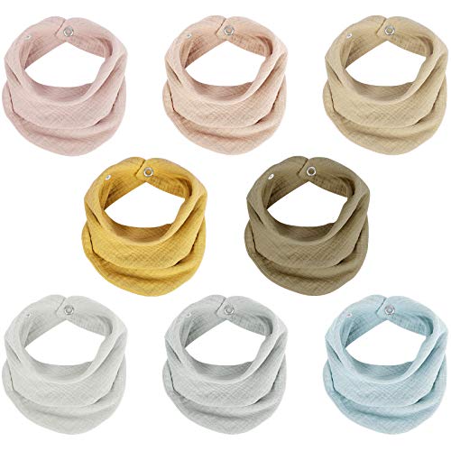 Muslin Bandana Bibs, Soft Absorbent 2 Layers Drool Bibs with Adjustable Snap Closure, Multi-Use Scarf Bibs for Heavy Droolers Baby Girls Boys Unisex Newborns Infants Toddlers (8 Solid color)