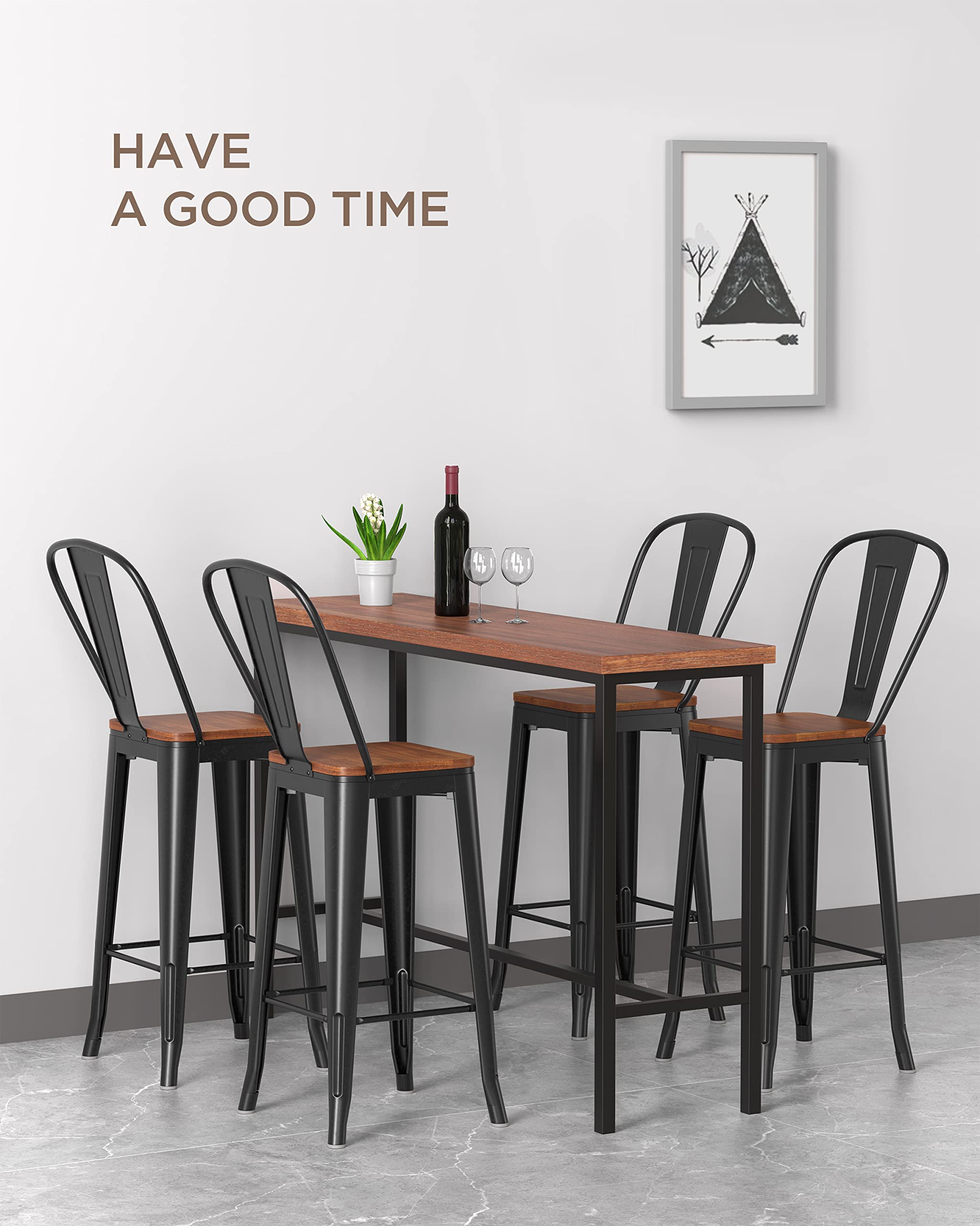 Aiho Bar Stools 30” Dining Chairs Outdoor Patio Bistro Set of 2 Metal Height Bar Stools with Wood Seat and Removable Backrest, Gloss Black