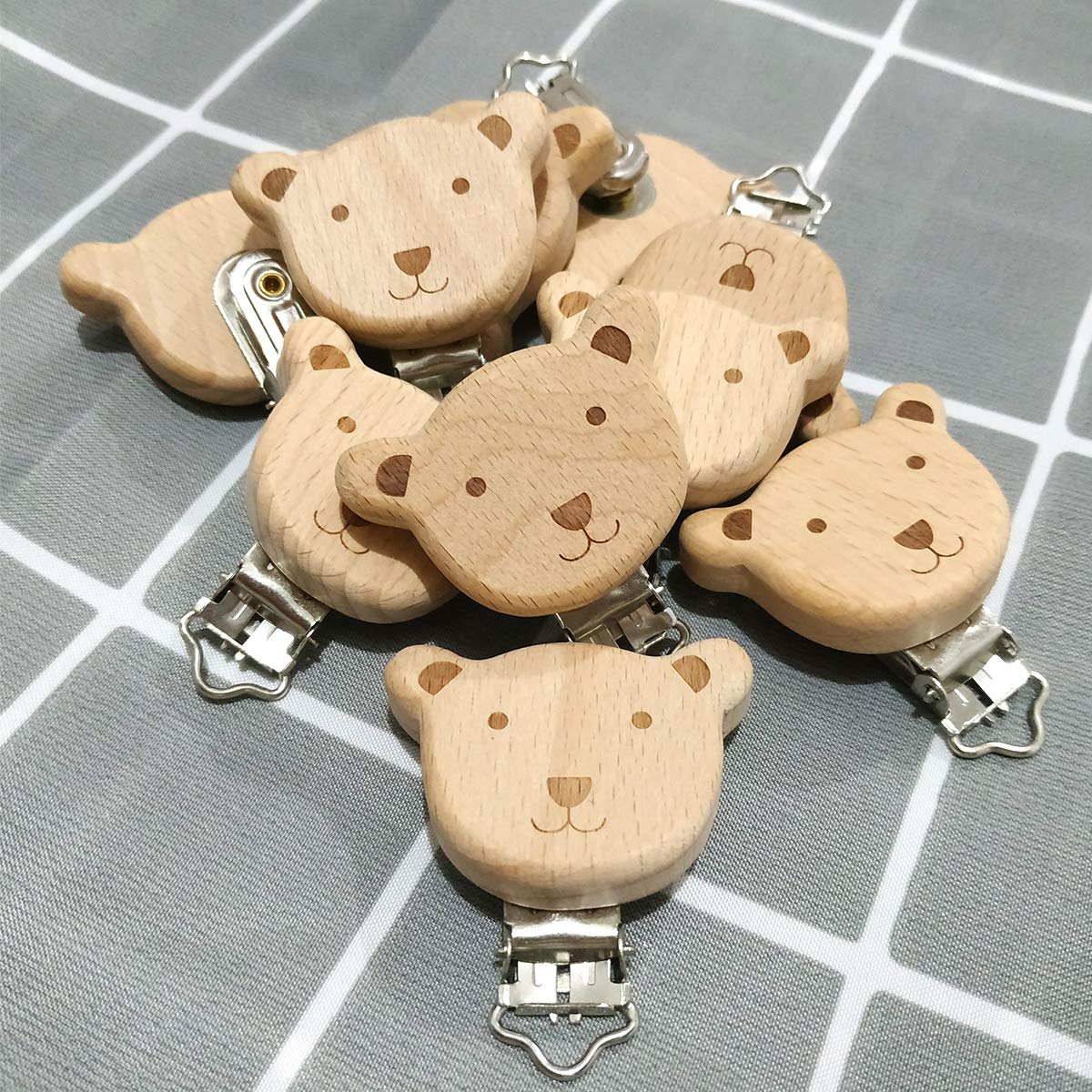 5pcs Natural Beech Wood Animal Pacifier Clips Grasping Toy Suspender Chain Clips Charm Antique DIY Beading Accessory (Bear)