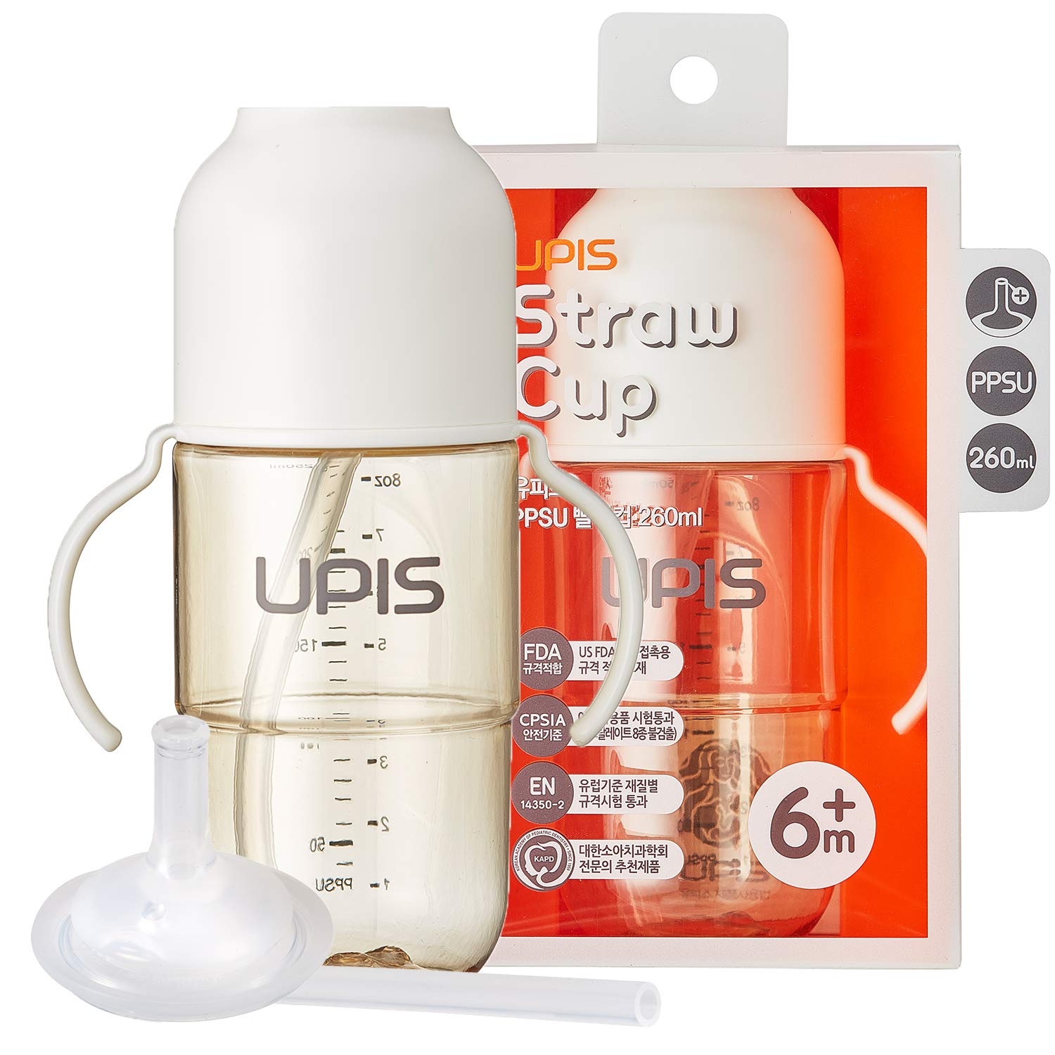 Medience UPIS Silicone PPSU Baby Sippy Cup with Straw, 8.8 oz./ 260ml (White) - Spill-Proof BPA-Free Drinking Bottle with Anti-Colic Air Vent and Handles - for Kids and Toddlers Six Months Onwards