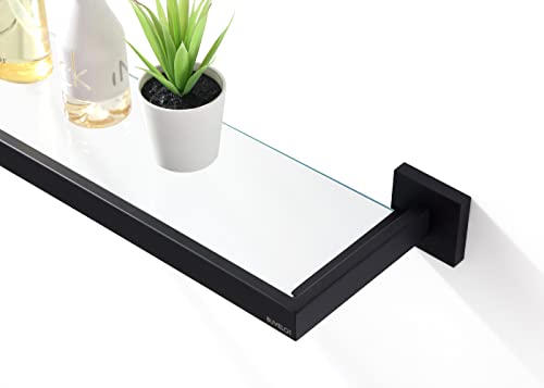 BUVELOT Bathroom Shelf,22.32 Inch Large Glass Shelf, 8mm Extra Thick Tempered Clear Glass Shelves Modern Rectangular,Matte Black,071090-MB
