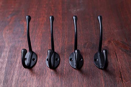 Craftsman Road Vintage Cast Iron Wall Hooks (Black Texture Finish, Set of 4) - Rustic, Farmhouse Coat Hooks | Great for Coats, Bags, Towels, Hats | Classic Slender
