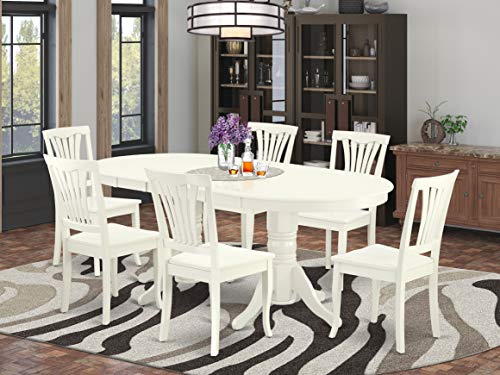 East West Furniture VAAV7-LWH-W 7Pc Dinette Set Includes a 59/76.4 Inch Oval Table with Butterfly Leaf and 6 Wood Seat Dining Chairs, Linen White Finish