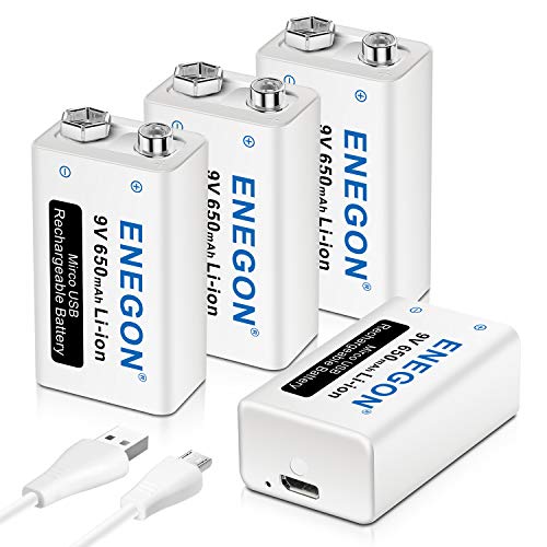 ENEGON 9V Direct USB Rechargeable Lithium-ion 650mAh Batteries with 2 in 1 Micro USB Cable for Wireless Microphone, Smoke Alarms, Electronic Toys, Walkie-Talkie and More Devices (4 Pack)