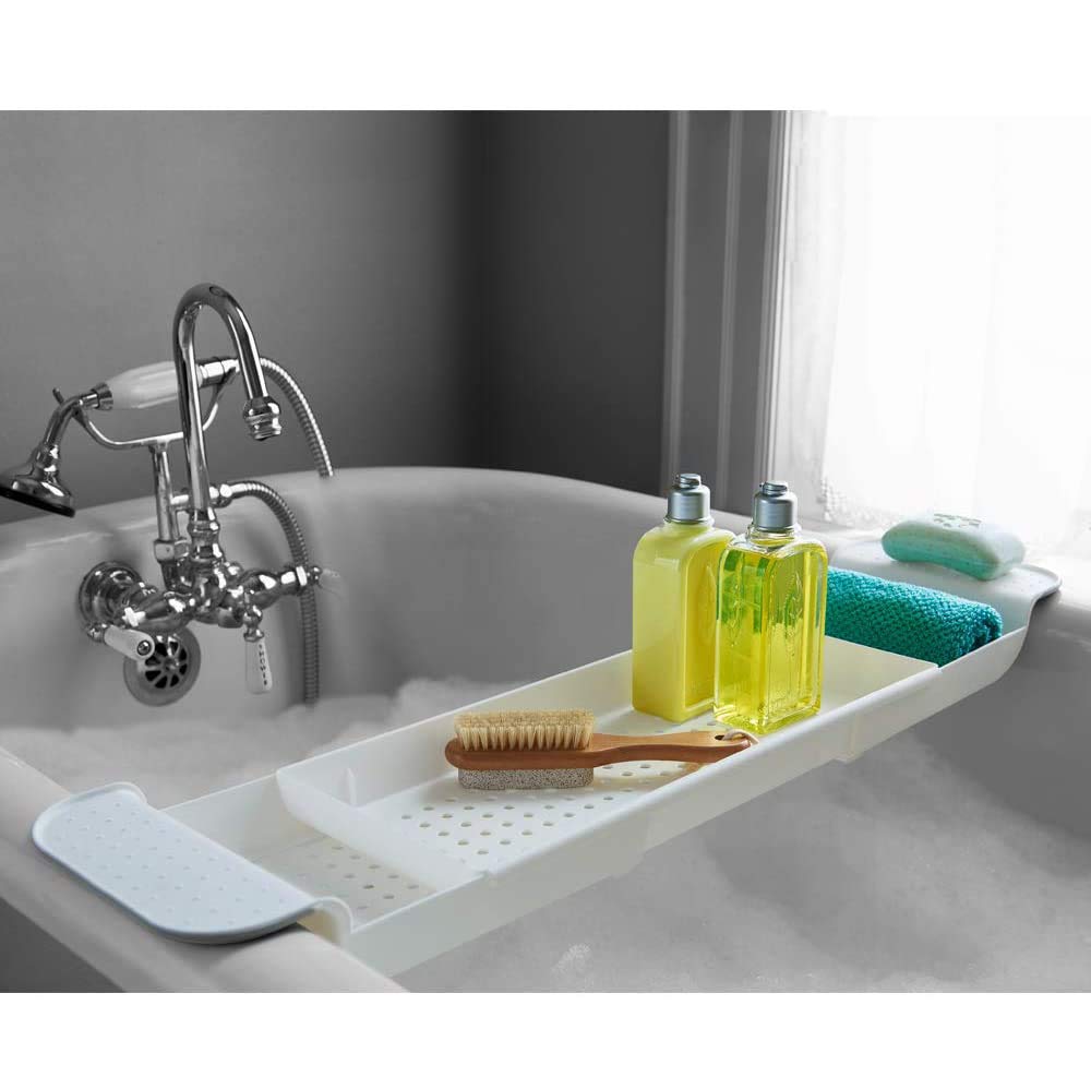 AIKENR Expandable Bath Shelf, Adjustable Bathtub Caddy Tray Storage Rack Multifunctional Bathtub Tub Organizer, Non-Slip Grip, White