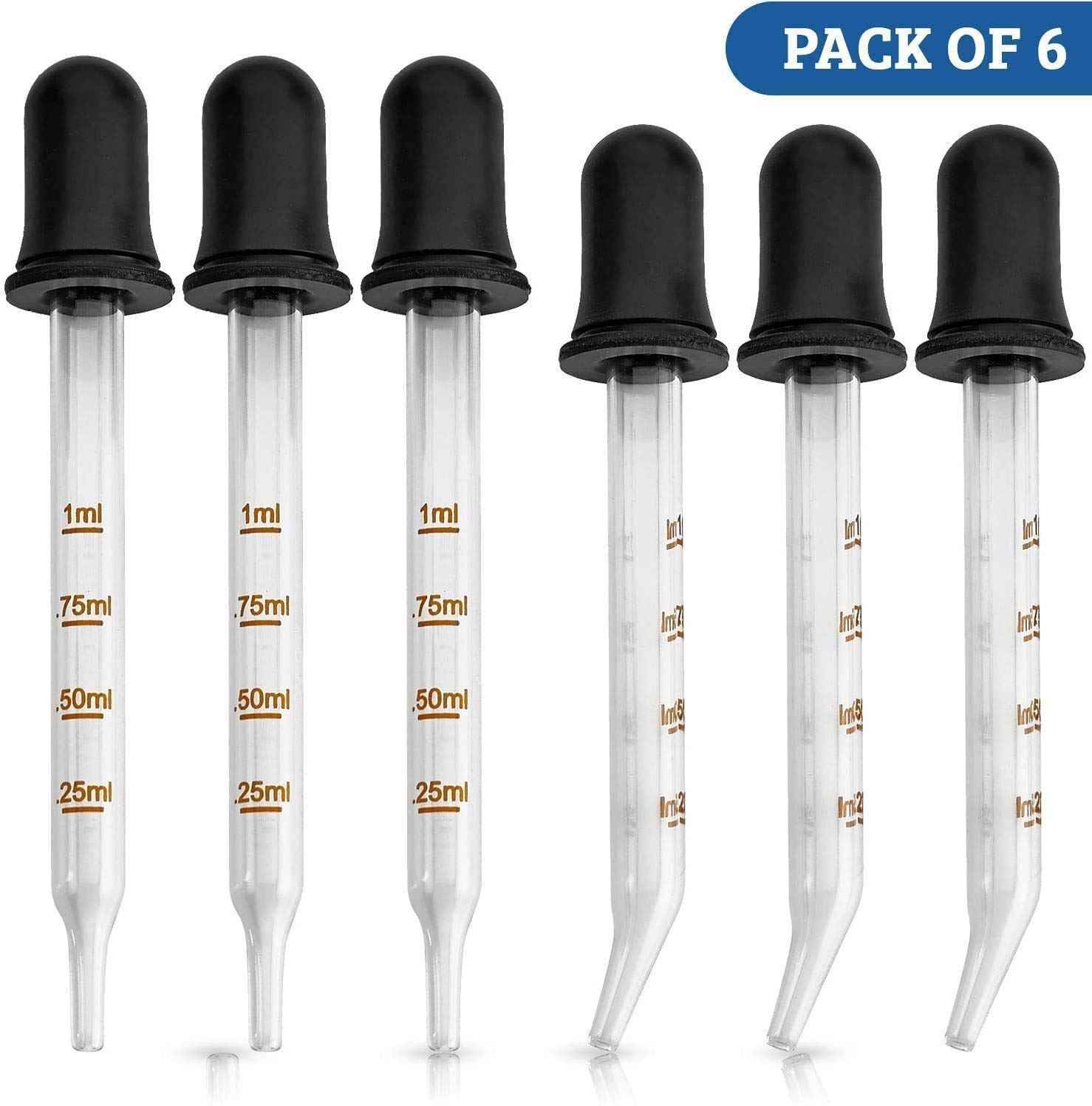 Eye Dropper - 6-Pack, Bent & Straight Tip Calibrated Glass Medicine Droppers for Essential Oils | Pipette Dropper for Accurate Easy Dose & Measurement (1mL Capacity)