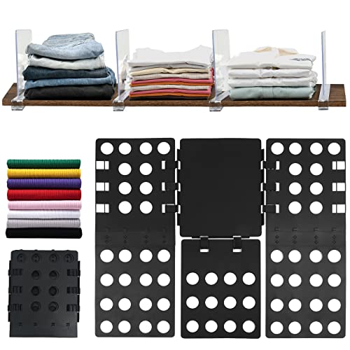 BVOPLME 4 Pack Acrylic Shelf Divider with 1 Pack Shirt Folding Board Set, Closets Shelf Organizer, Shelf Dividers for Closet Organization, Purses Closet Separators Shelf Organizer in Bedroom, Kitchen
