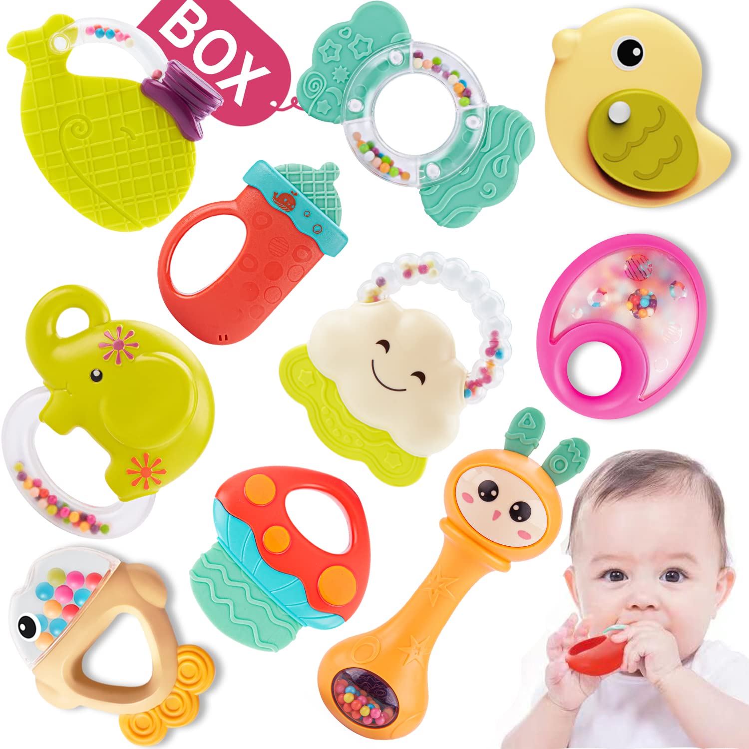 Baby Rattle Teething Toys for Babies 0-6-12 Months 10Pcs, Early Educational Infant Toys Gift Set for Boy Girl 3-6 Months, Newborn Sensory Toys Teether, Grab Shaker, Tummy Time Rattle with Storage Box