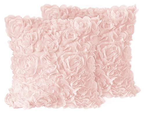 Sweet Jojo Designs Pink Floral Rose Decorative Accent Throw Pillows - Set of 2 - Solid Light Blush Flower Luxurious Elegant Princess Vintage Boho Shabby Chic Luxury Glam High End Ruffle Roses