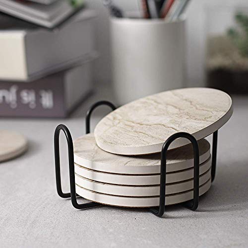 LIFVER Coasters for Coffee Table, Coasters for Drinks Absorbent, Drink Coasters, Housewarming Gift, Home Decor, Set of 6, Farmhouse Coaster Set with Holder, 4 Inches, Sandstone Style