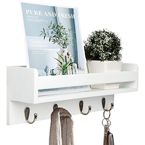 Hoanvi White Wall Key Holder Hooks for Entryway Decor, Wood Wall Mount Shelf for Kitchen Spice Rack Storage, Wall Hanging Book Shelves for Nursery Organizer, Floating Shelves for Bathroom Coat Rack.