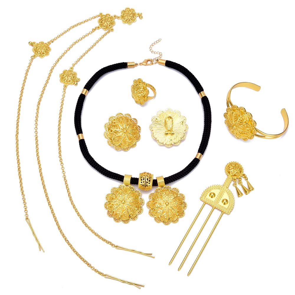 24K Gold Plated/Silver New Black Rope Choker Ethiopian Wedding Head Jewelry Sets for Women (gold)