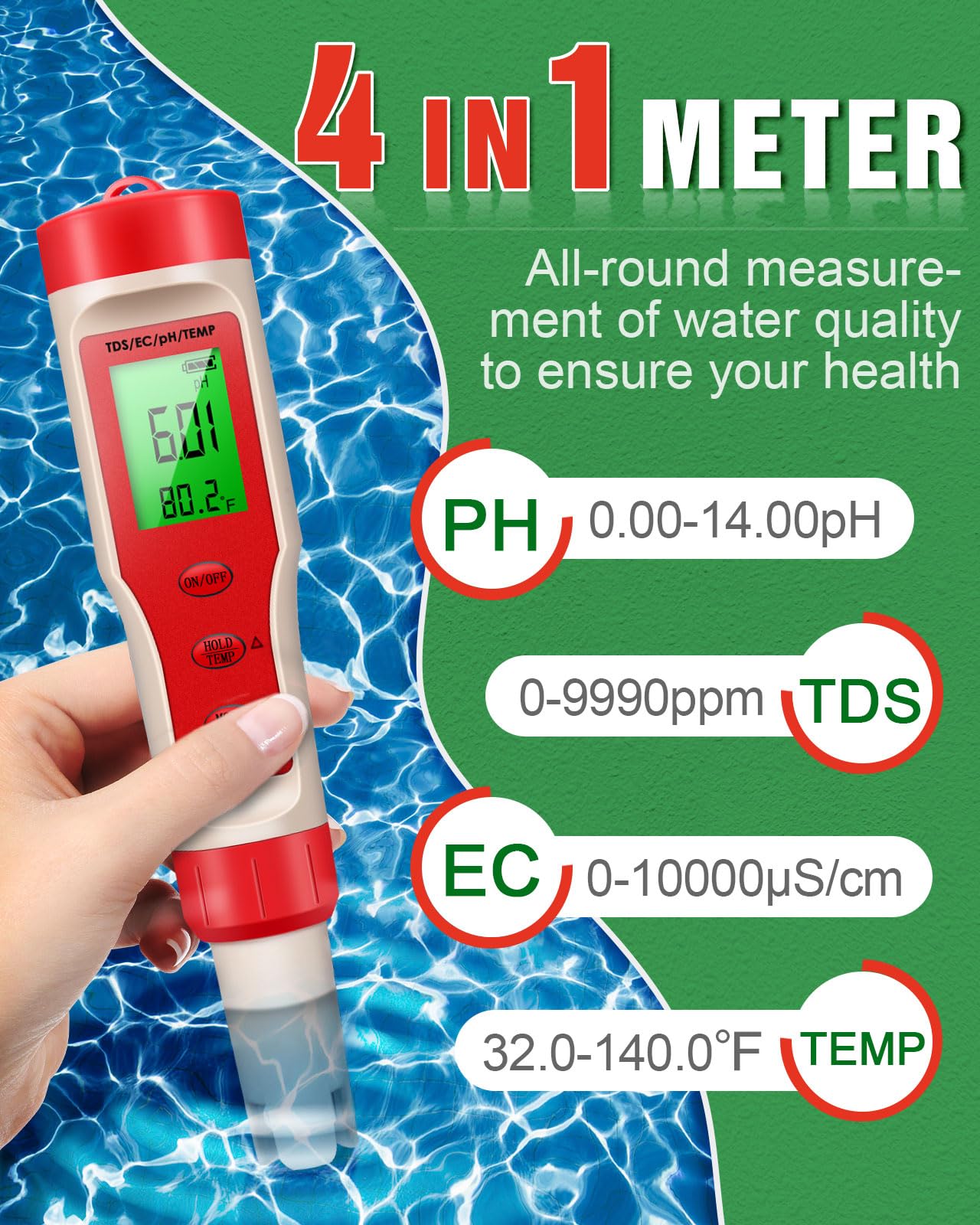 4-in-1 PH Meter, PH Meter for Water, Digital PH Tester 0.01 High Accuracy with 0-14 PH Measurement Range, PH TDS Temperature and EC Water PH Tester with ATC for Household Drinking, Pool and Aquarium