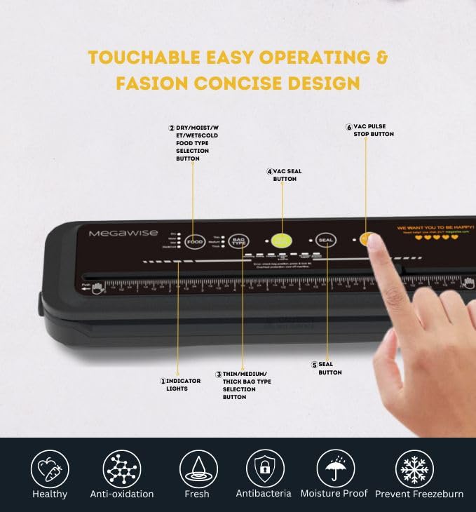 2023 Model B Megawise Powerful & Compact Vacuum Sealer Machine One-Touch Automatic Food Sealer 4 Food Types (Cold Wet Moist Dry) & 3 Bag types (Thick Medium Thin）OMNI MACHINE (Black)