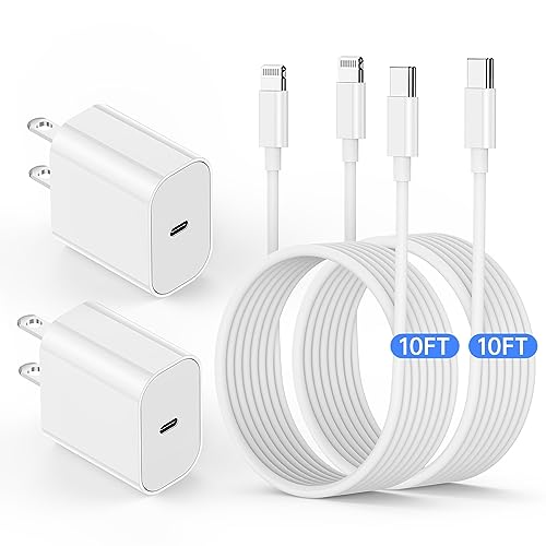 2Pack 10ft USB C to Lightning Cable and iPhone Fast Charger Block, [Apple MFi Certified] Wall Charging Plug with Cord Long,Type C Power Adapter Cube Brick Box for iPhone 14 Pro Max/13 Pro/12 Mini/11