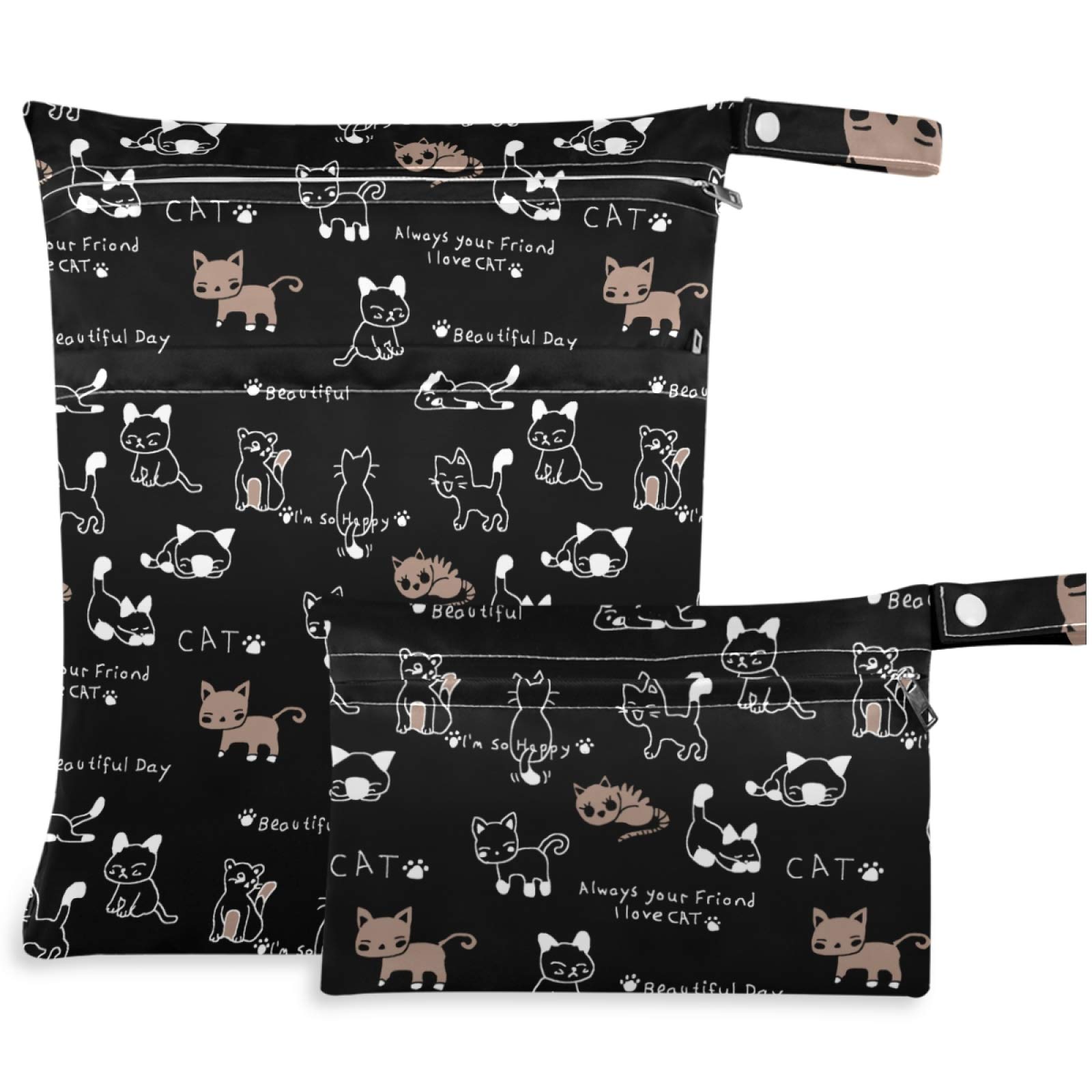visesunny Funny Cat Footprint Cartoon Animal 2Pcs Wet Bag with Zippered Pockets Washable Reusable Roomy for Travel,Beach,Pool,Daycare,Stroller,Diapers,Dirty Gym Clothes, Wet Swimsuits, Toiletries