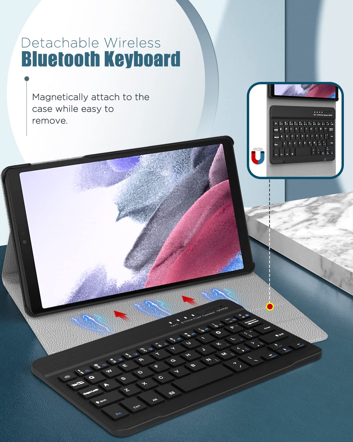 MoKo Keyboard Case Compatible with Samsung Galaxy Tab A7 Lite 8.7-Inch 2021 (SM-T225/T220/T227), Slim Lightweight Stand Cover with Magnetically Detachable Wireless Bluetooth Keyboard, Marble White