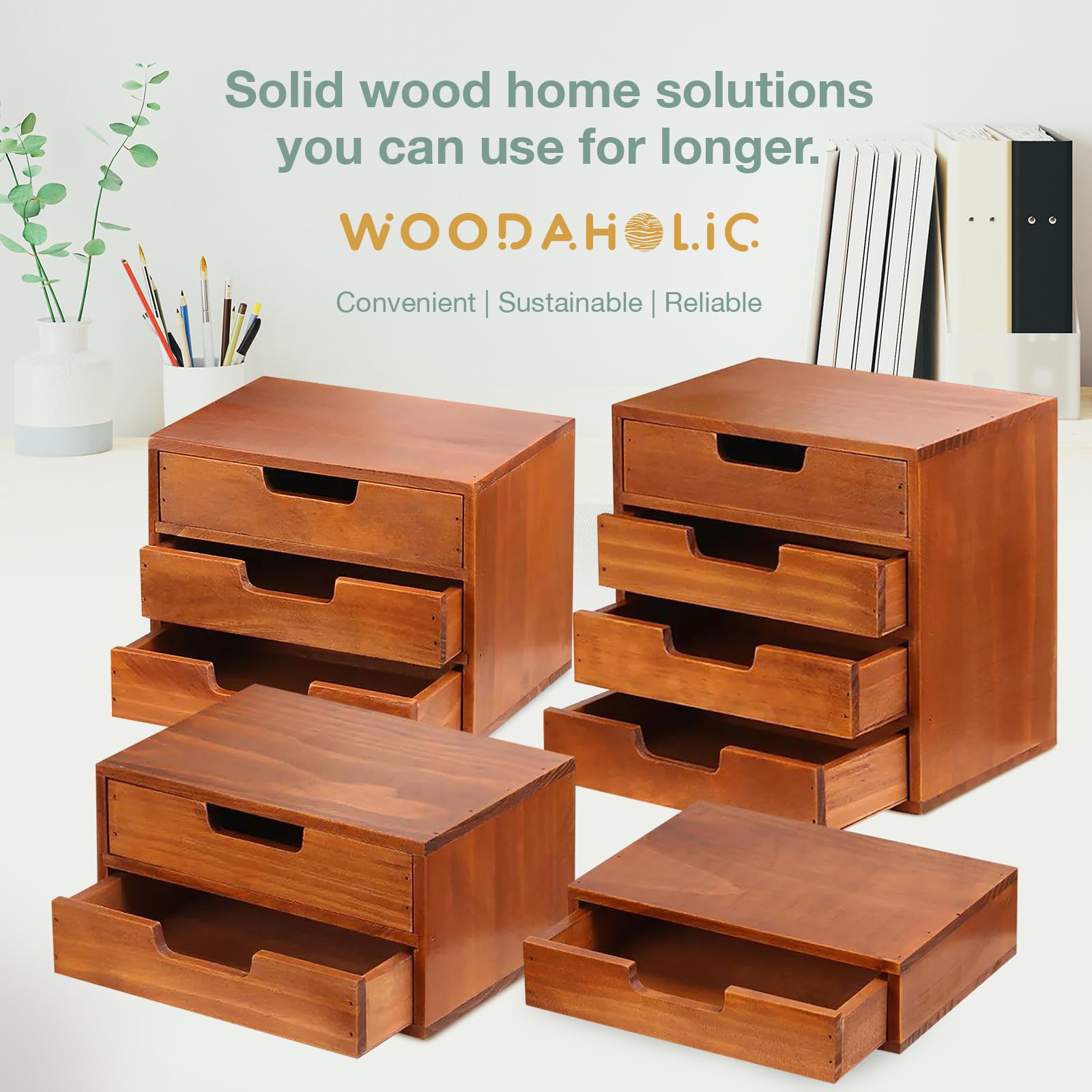4-piece Drawer Cabinet Bundle Set - Modern Mahogany Wood Stackable Drawer Units - Multi-level Drawer Desktop Storage Organizers - Countertop Drawer Cabinets for Mix and Match (4-Pack)