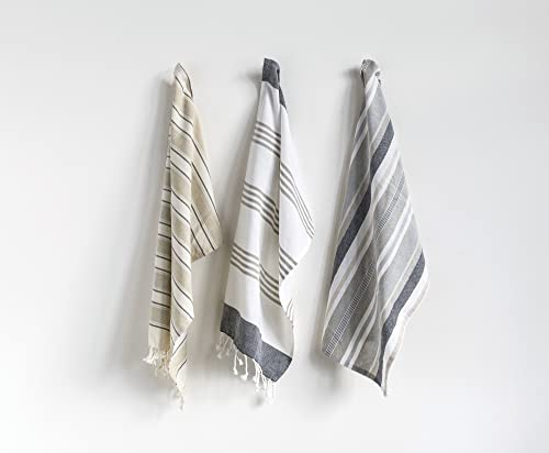 Creative Co-Op Grey & Tan Striped Cotton Tea Towels with Tassels (Set of 3)