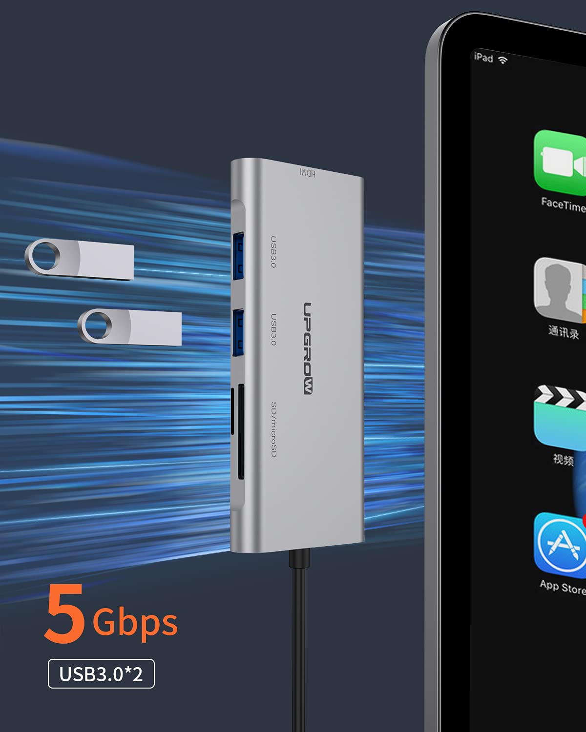 UPGROW USB C to HDMI Hub, Type C 5 in 1 Adapter with 2 USB 3.0 Ports, 4K@30Hz HDMI, SD/TF Card Reader, Compatible with MacBook Pro 2018-2020, ChromeBook, Dell XPS, Surface Go and Other C-Port Laptops