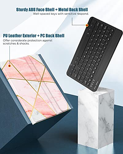 MoKo Keyboard Case Fits All-New Kindle Fire HD 10 & 10 Plus Tablet (11th Generation, 2021 Release) 10.1",PU Tablet Cover Shell Case with Removable Wireless Bluetooth Keyboard, Marble Pink